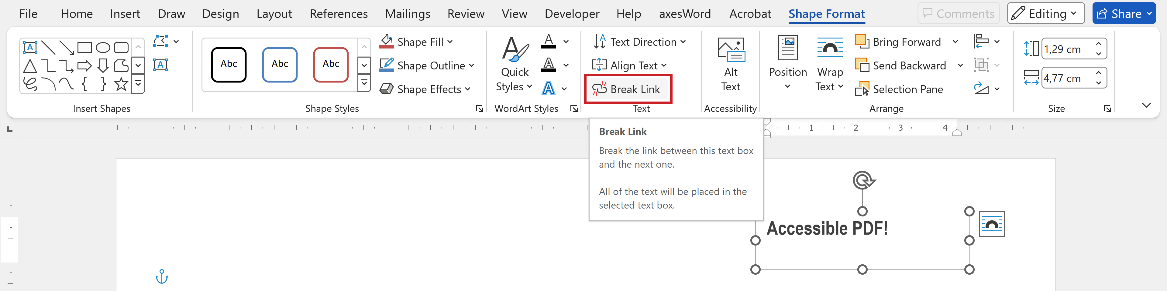 Warning message: The document contains connected text boxes. – axes4