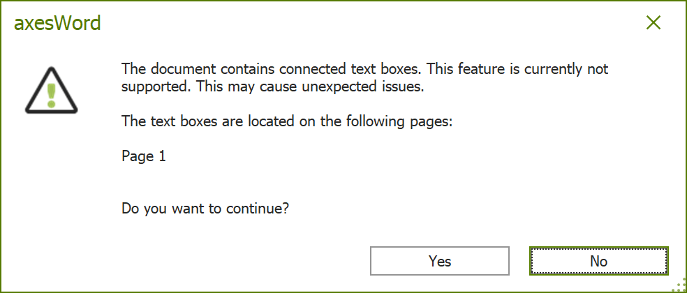 Warning message: The document contains connected text boxes. – axes4